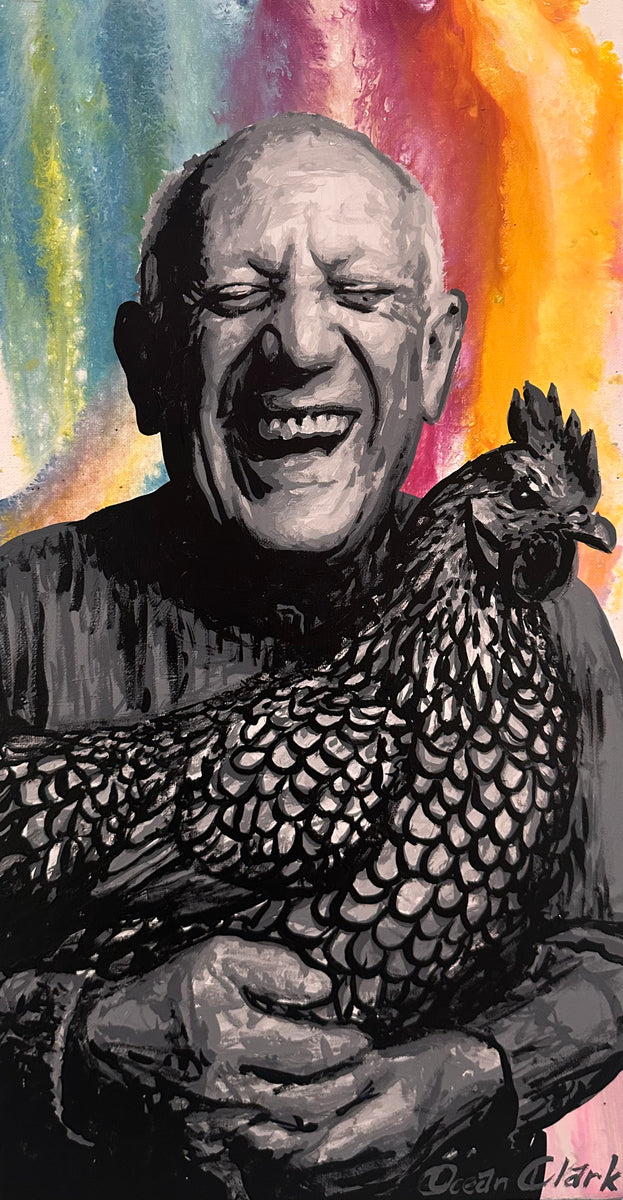 Pablo Picasso with pet chicken 24x12 original painting – Ocean Clark Art